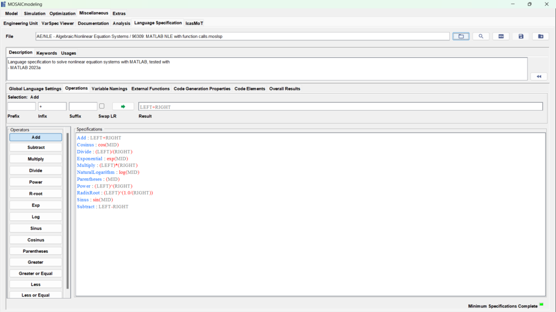 Use of User-defined Language Specifications I – Nonlinear equation system with Matlab ...